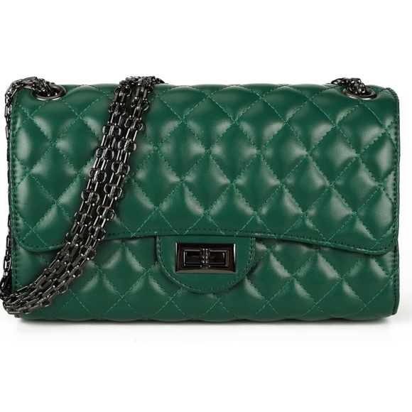 Bags | Vegan Leather Green Quilted Chain Strap Purse | Poshmark
